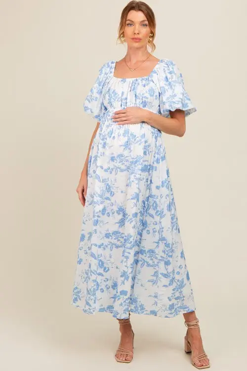 PINKBLUSH Floral Puff Sleeve Midi Dress - Blue