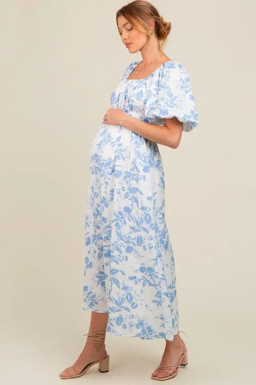PINKBLUSH Floral Puff Sleeve Maternity Midi Dress - Blue