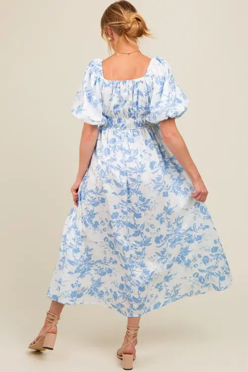 PINKBLUSH Floral Puff Sleeve Maternity Midi Dress - Blue