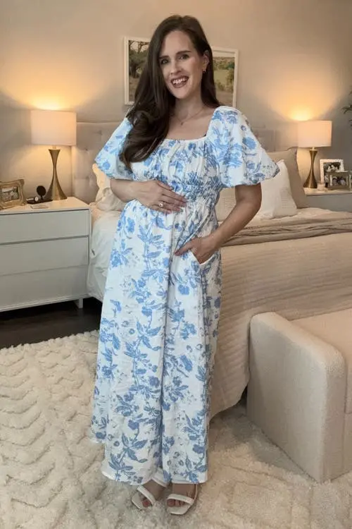 PINKBLUSH Floral Puff Sleeve Maternity Midi Dress - Blue