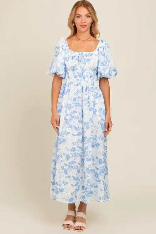 PINKBLUSH Floral Puff Sleeve Maternity Midi Dress - Blue