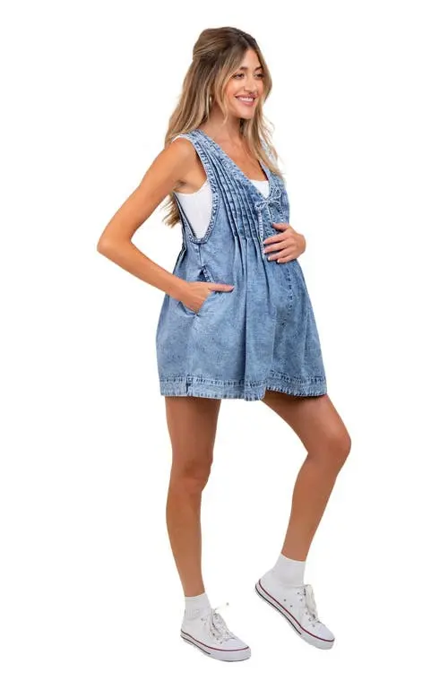 PINKBLUSH Sleeveless V-neck Romper With Pleated Front And Tie Detail - Blue