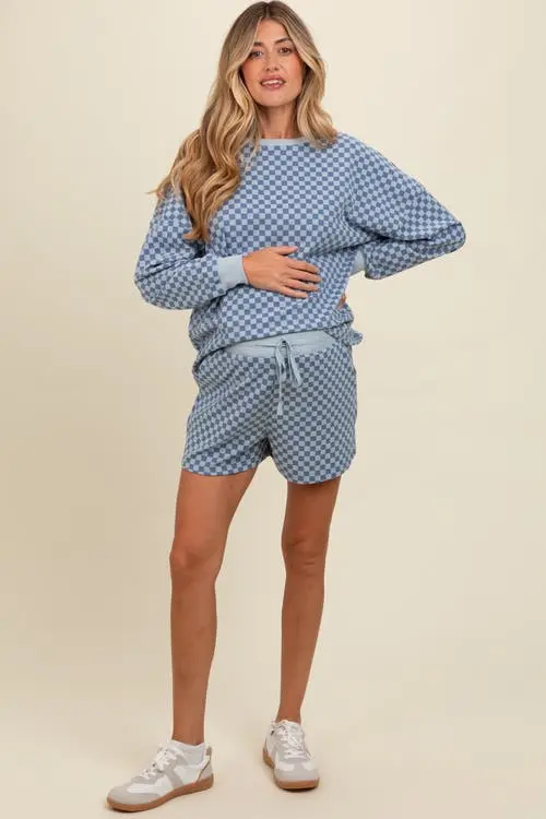PINKBLUSH Checkered Plaid Pullover Shorts Set - Blue