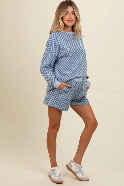 PINKBLUSH Checkered Plaid Pullover Shorts Set - Blue