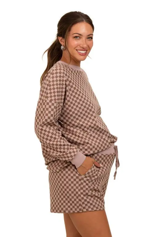 PINKBLUSH Checkered Plaid Pullover Shorts Set - Mocha
