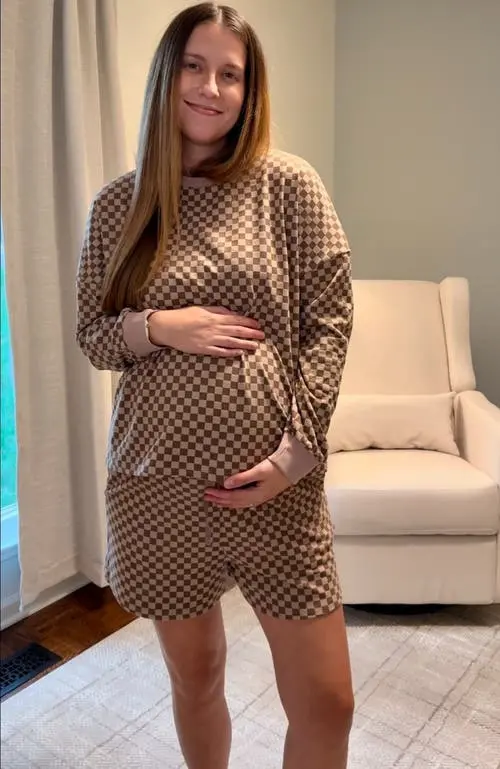 PINKBLUSH Checkered Plaid Pullover Shorts Set - Mocha