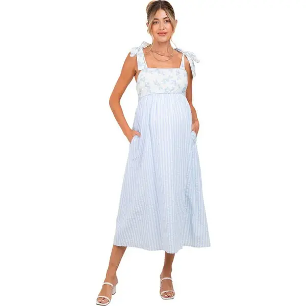 PINKBLUSH Floral Stripe Shoulder Tie Maternity Midi Dress - Light Blue