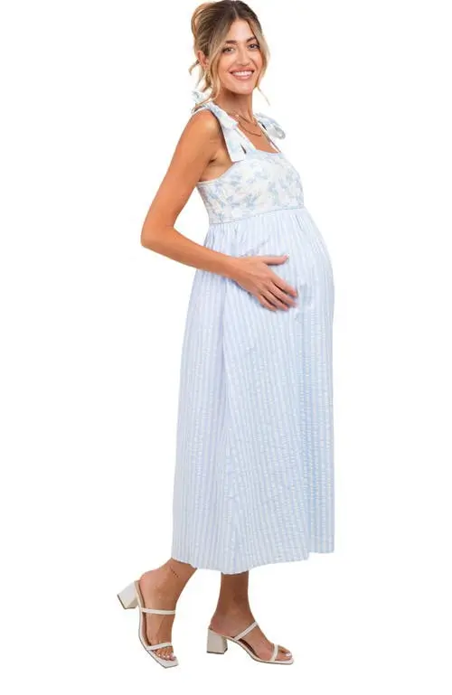 PINKBLUSH Floral Stripe Shoulder Tie Maternity Midi Dress - Light Blue