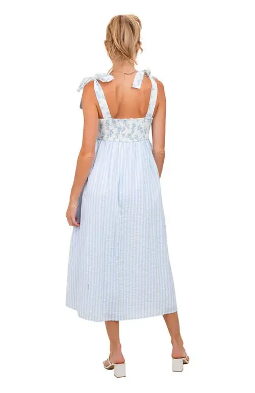 PINKBLUSH Floral Stripe Shoulder Tie Maternity Midi Dress - Light Blue