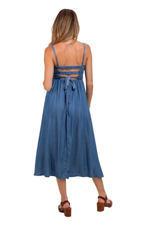 PINKBLUSH Smocked Chambray Tie Back Cutout Midi Dress