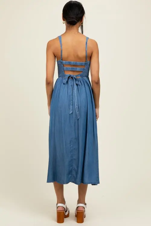 PINKBLUSH Smocked Chambray Tie Back Cutout Midi Dress