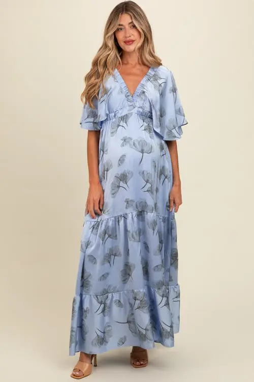 PINKBLUSH Floral Deep V-neck Maxi Dress - Light Blue