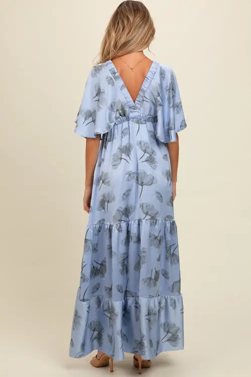PINKBLUSH Floral Deep V-neck Maxi Dress - Light Blue
