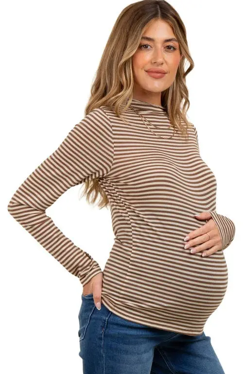 PINKBLUSH Striped High Neck Long Sleeve Maternity Top - Mocha