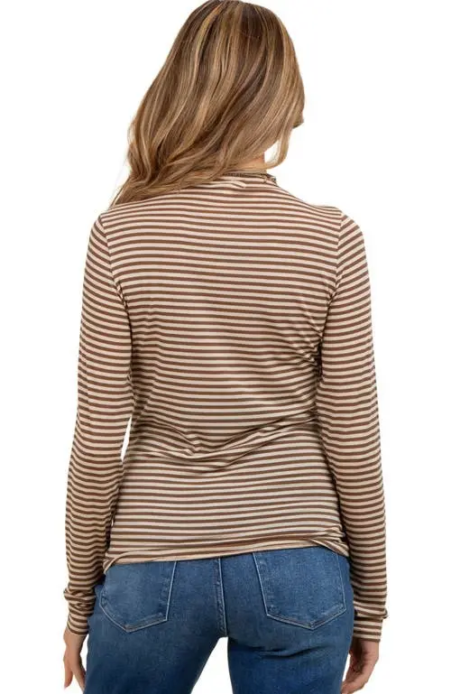 PINKBLUSH Striped High Neck Long Sleeve Maternity Top - Mocha