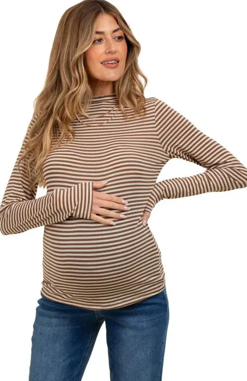 PINKBLUSH Striped High Neck Long Sleeve Maternity Top - Mocha