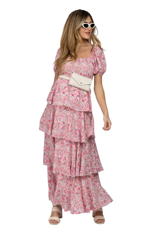 PINKBLUSH Floral Square Neck Puff Sleeve Tiered Maxi Dress - Pink