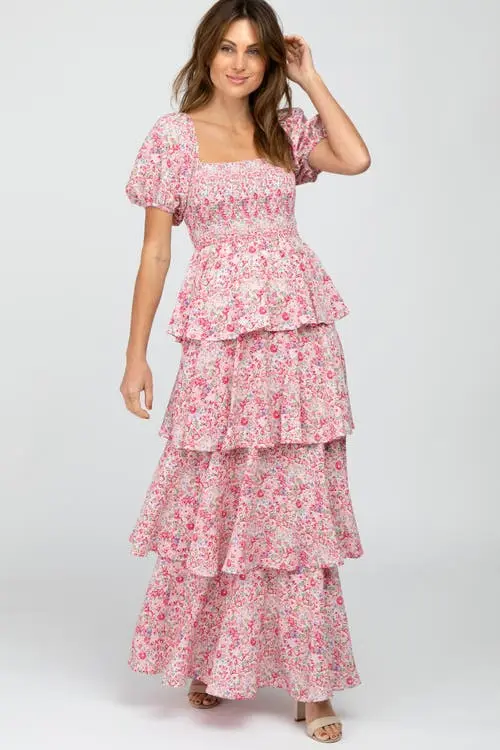 PINKBLUSH Floral Square Neck Ruffle Layered Maxi Dress