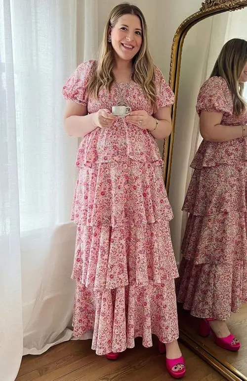 PINKBLUSH Floral Square Neck Ruffle Layered Maxi Dress