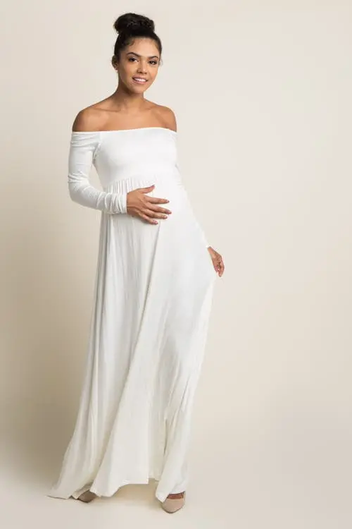PINKBLUSH Solid Off Shoulder Maxi Dress