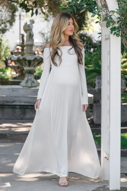 PINKBLUSH Solid Off Shoulder Maxi Dress