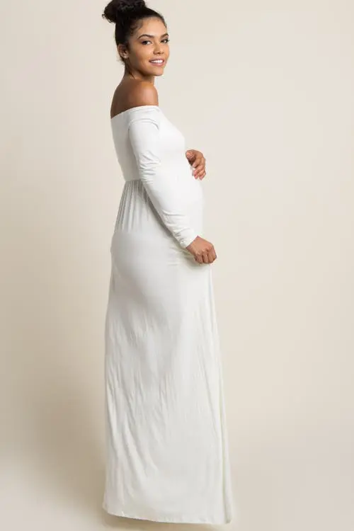 PINKBLUSH Solid Off Shoulder Maxi Dress
