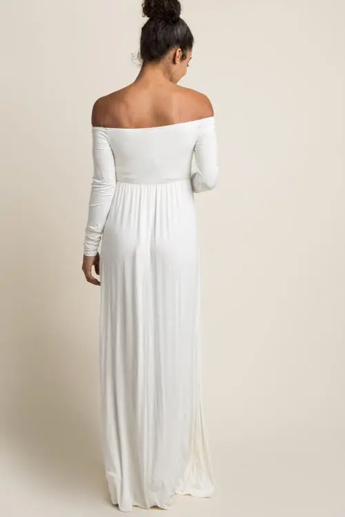 PINKBLUSH Solid Off Shoulder Maxi Dress