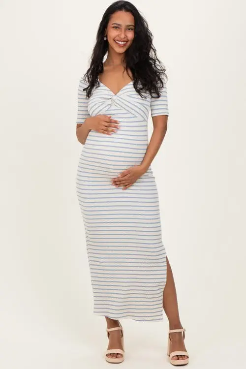 PINKBLUSH Striped Knit Short Sleeve Maxi Dress - Blue