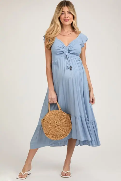 PINKBLUSH Smocked Ruched Ruffle Hem Maxi Dress - Light Blue