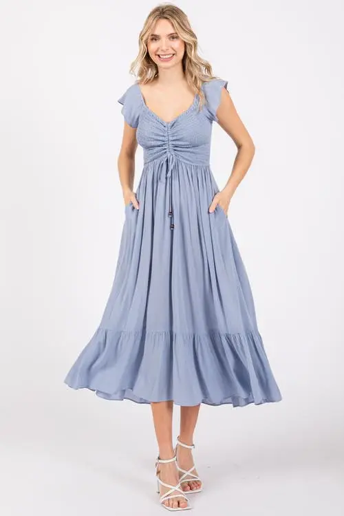 PINKBLUSH Smocked Ruched Ruffle Hem Maxi Dress - Light Blue