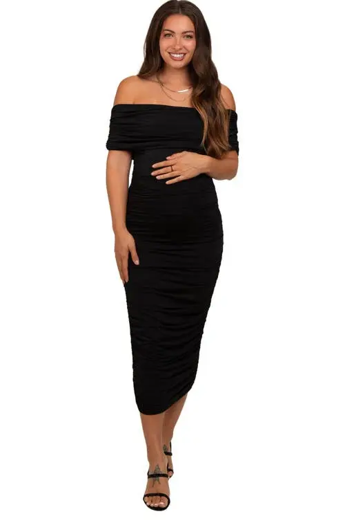 PINKBLUSH Off Shoulder Ruched Maternity Midi Dress - Black
