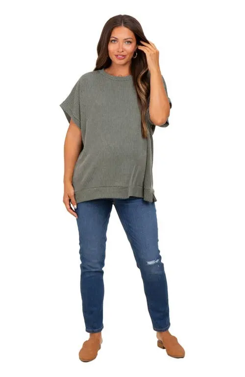 PINKBLUSH Solid Ribbed Oversized Tunic Top