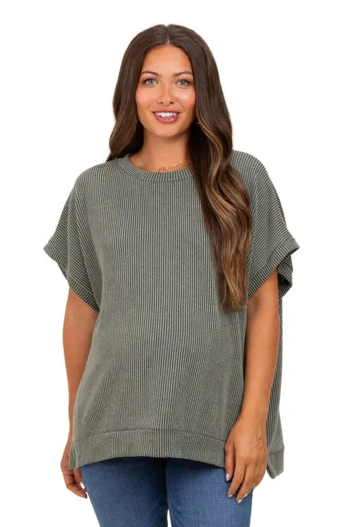 PINKBLUSH Solid Ribbed Oversized Tunic Top