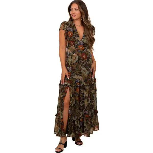 PINKBLUSH Floral Deep V-neck Tiered Maxi Dress - Black