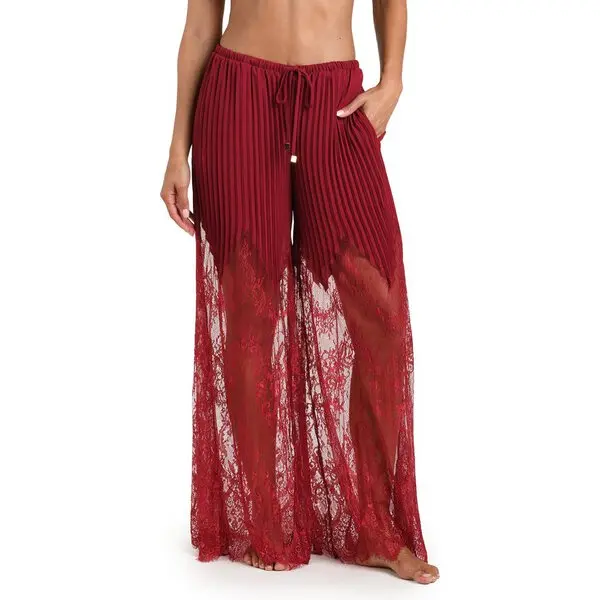 L'Agence Sharon Lace Trim Wide Leg Pants - Black Cherry