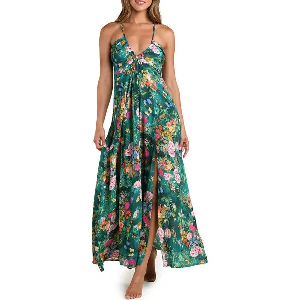L'Agence Geneva Crepe Maxi Sundress - Green Multi
