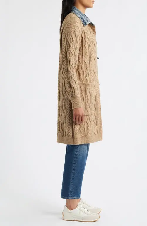 CITY BLUES Cable Long Cardigan With Denim Collar