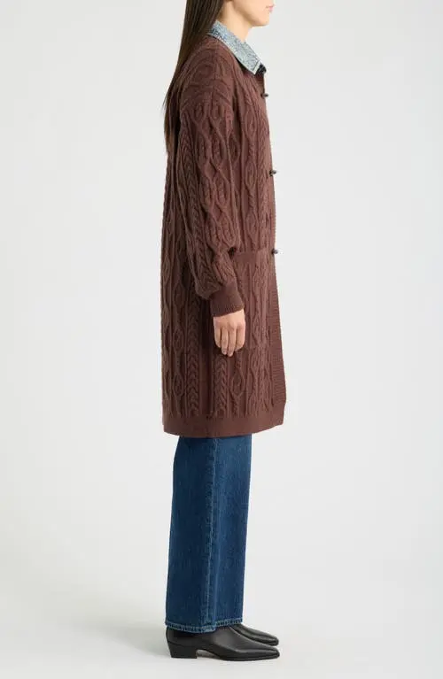 CITY BLUES Cable Long Cardigan With Denim Collar