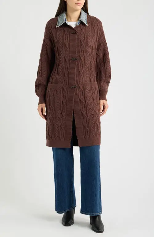 CITY BLUES Cable Long Cardigan With Denim Collar