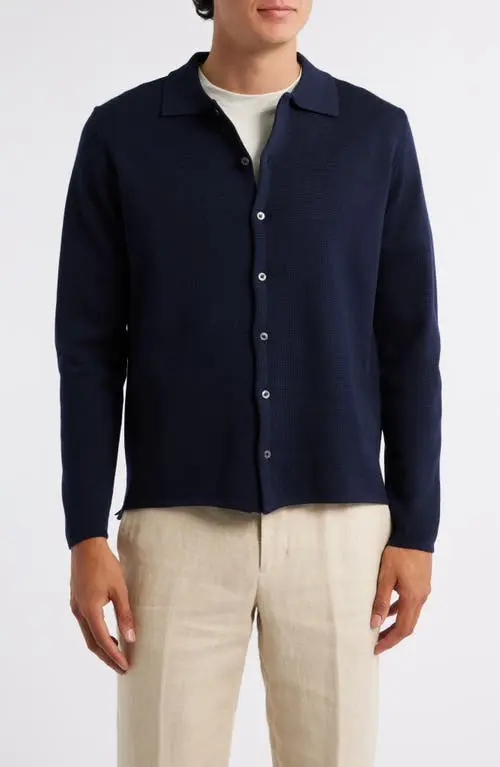 AURELIEN Slim Fit Cashwool® Knit Button-up Shirt - Navy