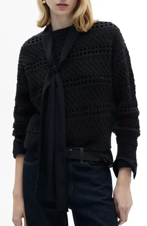 Mango Openwork Cable Knit Sweater - Dark Navy