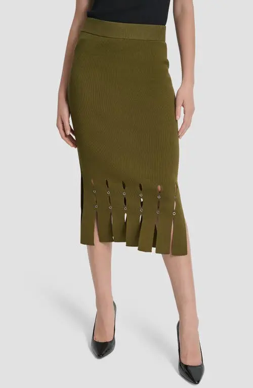 Dkny Grommet Trim Fringe Hem Midi Skirt - Dark Olive