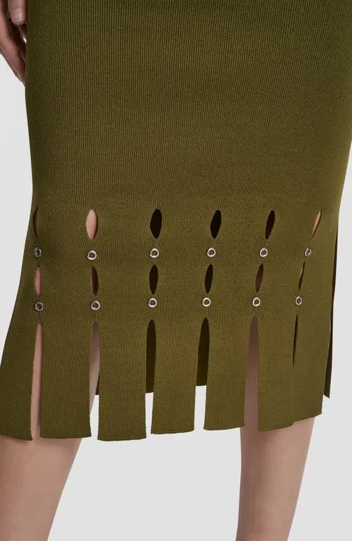 Dkny Grommet Trim Fringe Hem Midi Skirt - Dark Olive