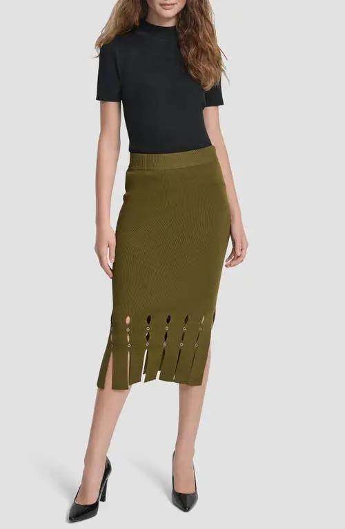 Dkny Grommet Trim Fringe Hem Midi Skirt - Dark Olive
