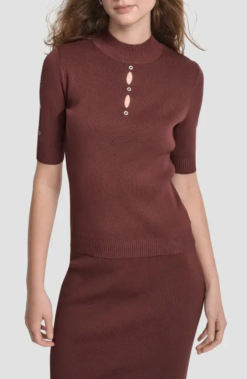 Dkny Cutout Grommet Mock Neck Sweater - Bitter Chocolate