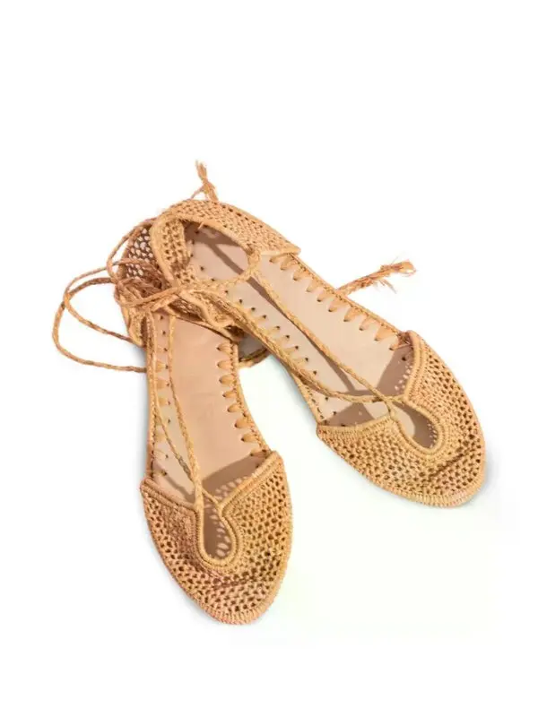 SLO_HAND_MADE Raffia Lace-up Ballet Flats - Brown