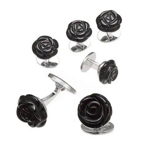JAN LESLIE Rose Carved Sterling Cufflinks And Stud Sets - Black