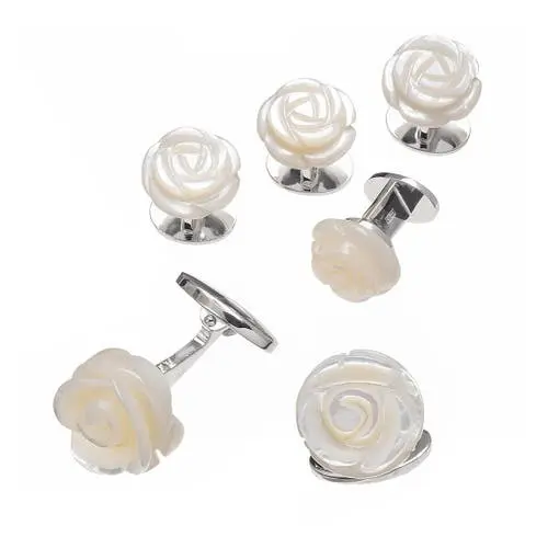JAN LESLIE Rose Carved Sterling Cufflinks And Stud Sets - White