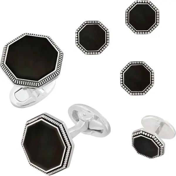 JAN LESLIE Octagon Antique Sterling Cufflinks & Studs - Black