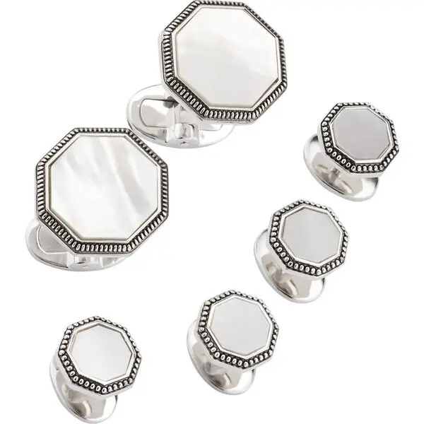 JAN LESLIE Octagon Antique Sterling Cufflinks & Studs - White